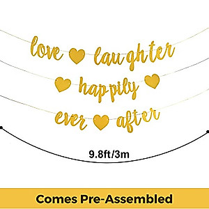 3Pcs Gold Glitter Love Laughter and Happily Ever After Banner - Engagement Party Decorations - Wedding Shower Decorations, Bridal Shower Decor, Wedding Banner & Bachelorette Party Signs (Pre-Strung)