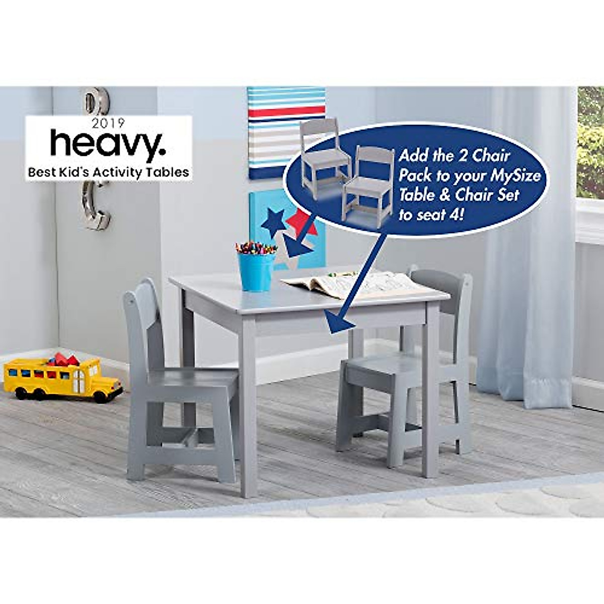 Delta Children MySize Kids Wood Table and Chair Set (2 Chairs Included) - Ideal for Arts & Crafts, Snack Time & More - Greenguard Gold Certified, Grey, 3 Piece Set