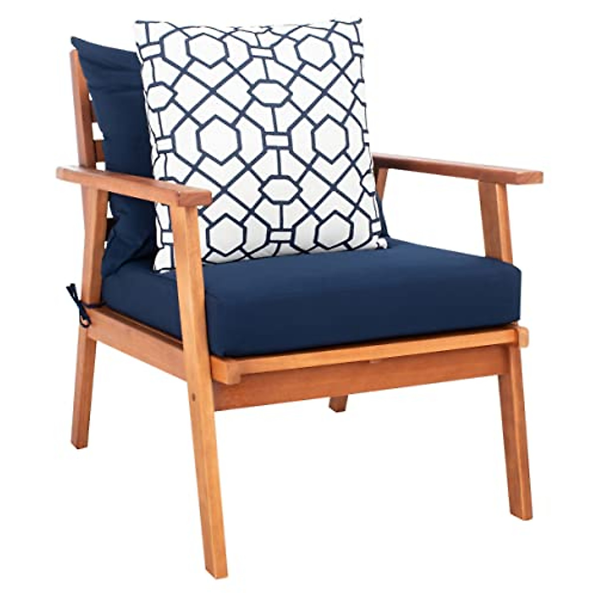 SAFAVIEH Outdoor Collection Deacon Acacia Wood Cushion 4-Piece Conversation Patio Set with Accent Pillows PAT7050E, Navy/Natural