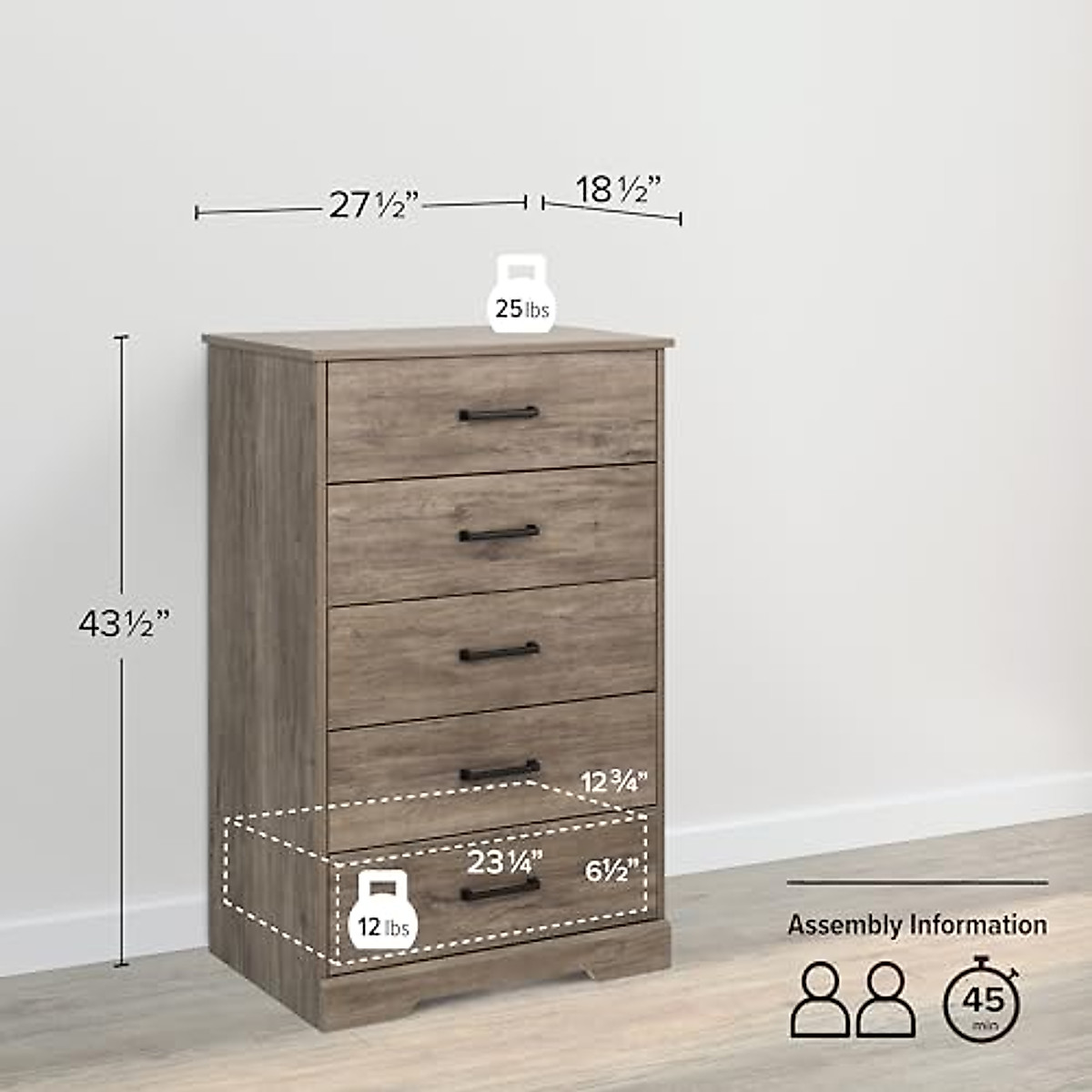 Prepac Rustic Ridge Farmhouse Dresser, Brown Dresser for Bedroom, Chest of Drawers with 5 Drawers 18.5" D x 27.5" W x 43.5" H, DBDR-1605-1