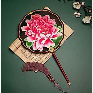 HangErFeng Chinese Round Fan Silk Double-sided Hand made Embroidered Palace Fan Peony Lotus 34 Red 2