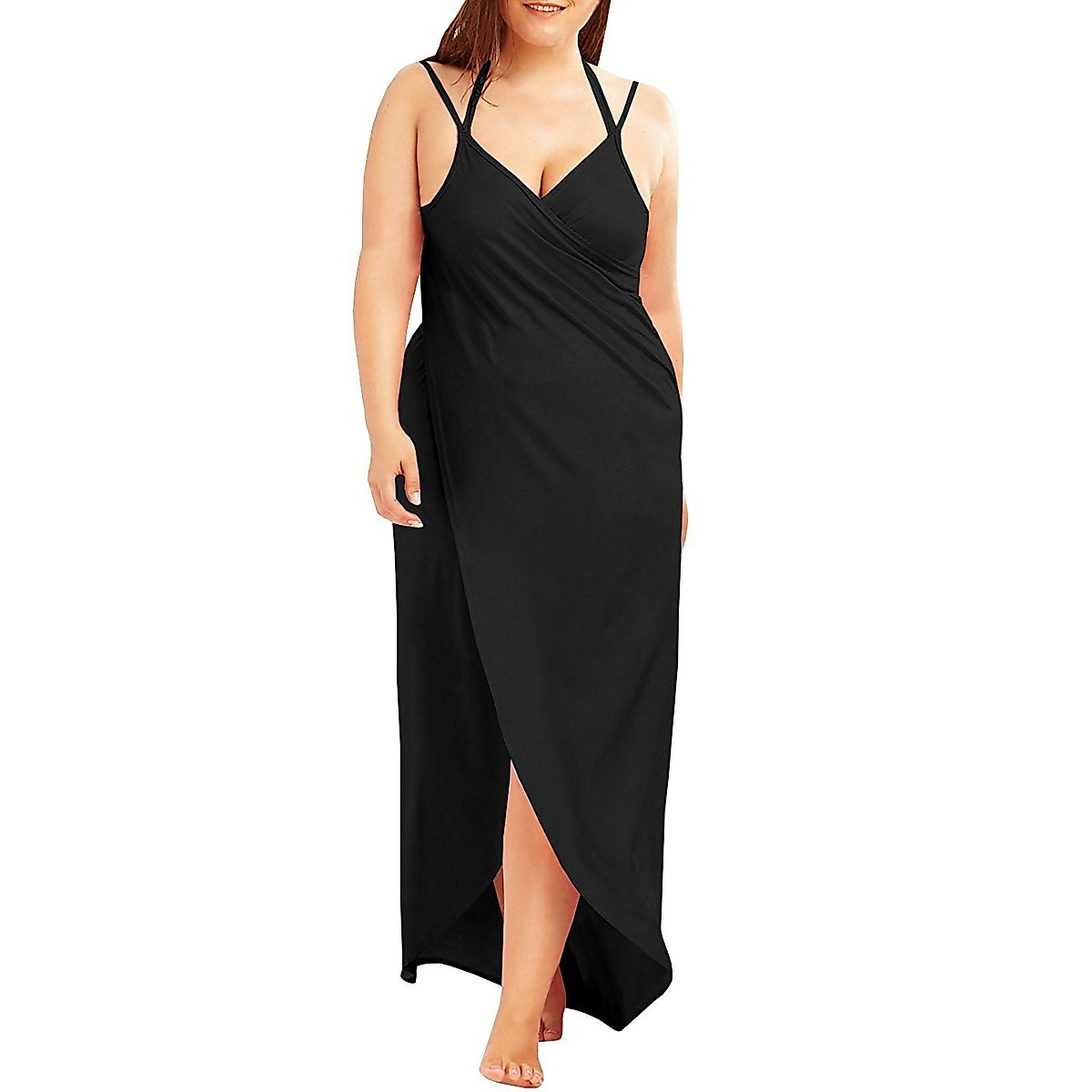 Fadalo Plus Size Spaghetti Strap Cover Up Beach Backless Wrap Long Dress (Black, xx_l)