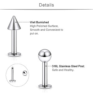 SCERRING 12PCS 14g Stainless Steel Balls & Spikes Labret Monroe Lip Tragus Cartilage Helix Earring Ring Body Piercing Jewelry 10mm - Silver