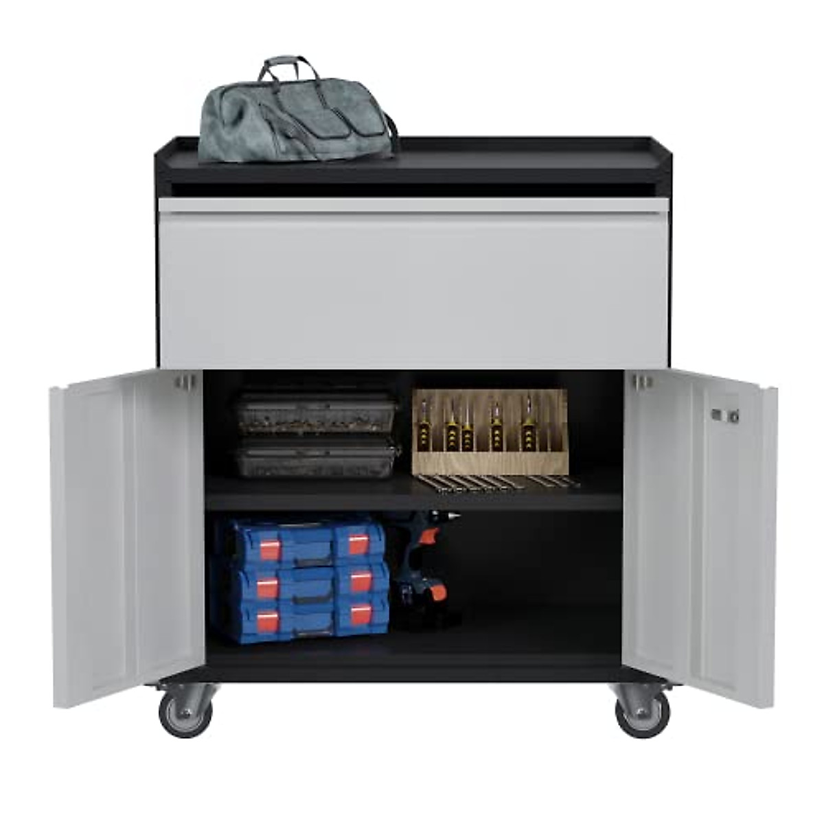 Garage Metal Storage Cabinet with Wheel for Home Garage/Adjustable Shelves, Lockable, Stiffener and Bumpers Design, Six Cabinets…