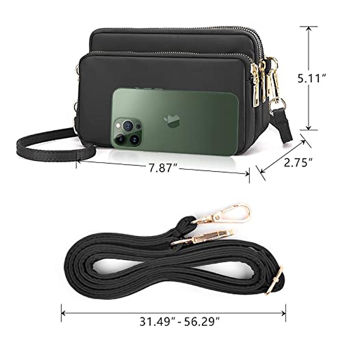 WITERY Multi Zipper Small Crossbody Bags for Women - Waterproof Mini Purse Nylon Travel Shoulder Bag Cell Phone Purse Pouch with Shoulder Strap