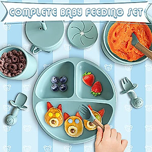 10pcs Baby Feeding Set | Baby Led Weaning Utensils | Includes Suction Bowl and Plate | Baby Feeding Supplies Set | 100% Food Grade BPA Free | Silicone Baby Bib, Spoon, Fork, Sippy Cup (blue)