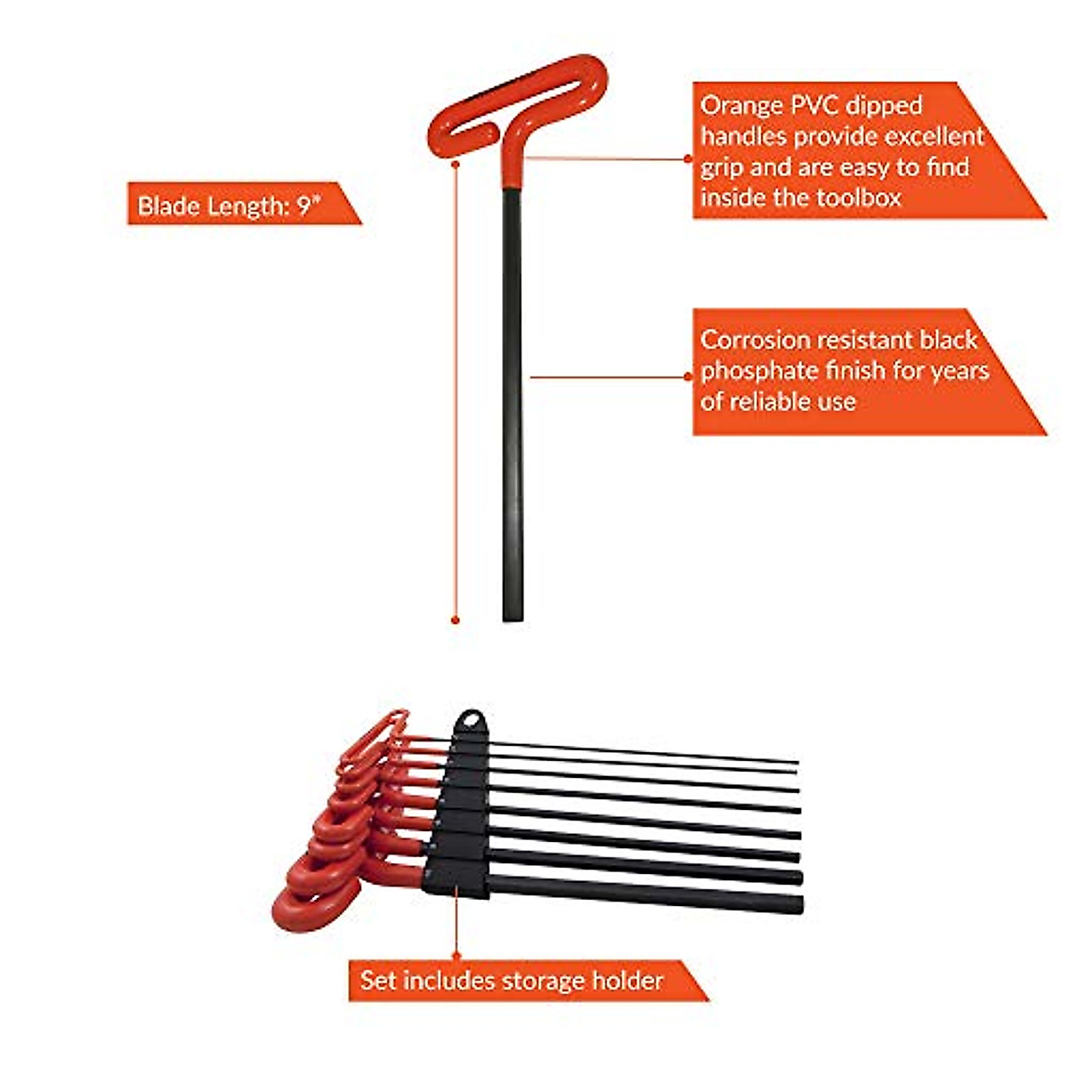 Dynamic 8 Piece 9" Long T-Handle, Metric Hex Key Set, 2mm - 10mm