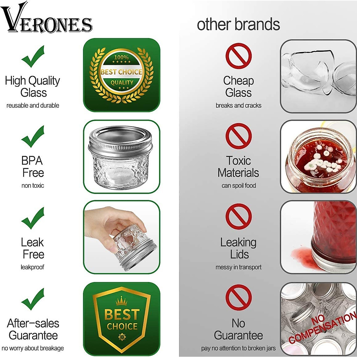 VERONES Mason Jars Canning Jars, 4 OZ Jelly Jars With One Piece Regular Lids, Ideal for Jam, Honey, Wedding Shower Favors, DIY Spice Jars, 40 PACK