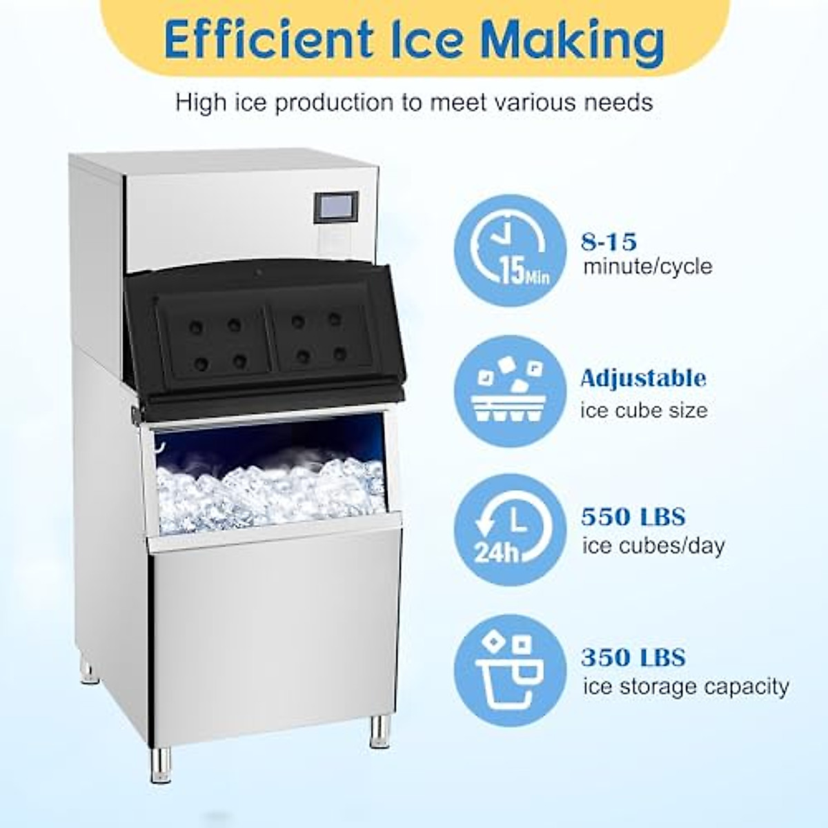 Zstar 560LBS/24H Commercial Ice Maker Machine, Freestanding Large Ice Maker w/ 350LBS Ice Storage, Adjustable Ice Cube, Self-Cleaning, Stainless Steel Industrial ice Machine Commercial for Restaurant