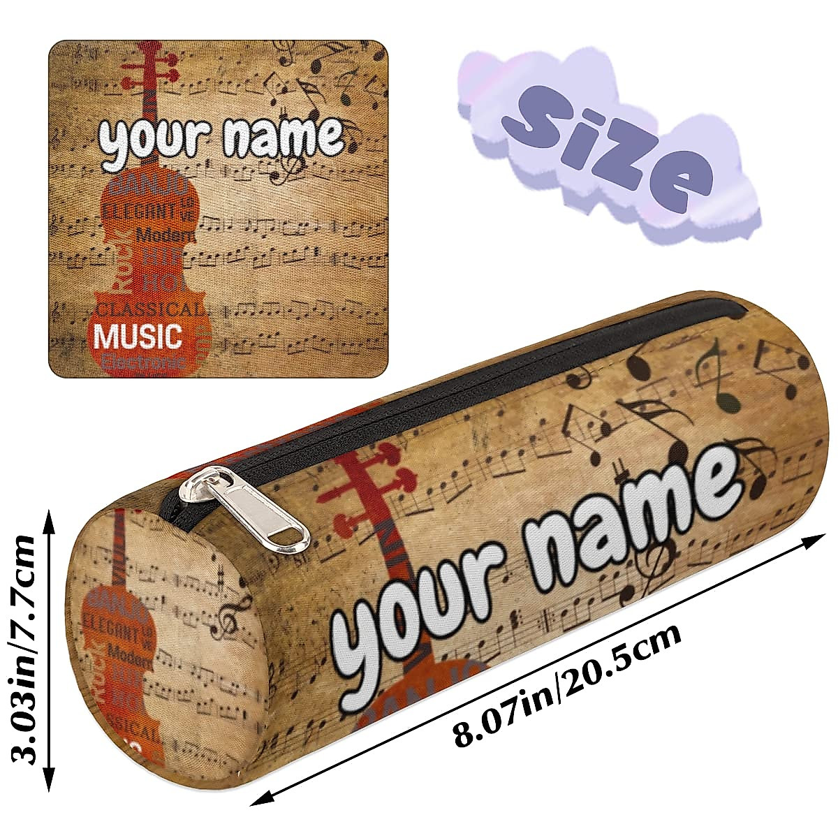 OMFUNS Vintage Music Note Custom Pencil Case Cello Music Personalized Pencil Pouch for School Teen Girl Boy Kid Pencil Bag Pen Case Student Stationery Storage Cosmetic Makeup Bag Women