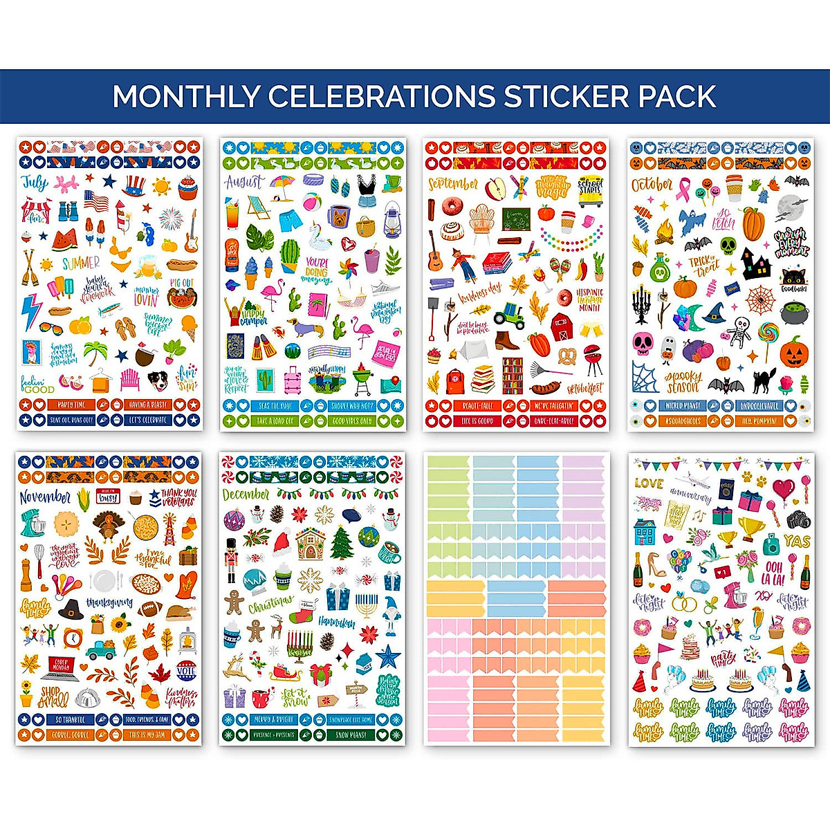 bloom daily planners Monthly Celebrations Planner Stickers for Calendar Decorating, Planning, Scrapbooking - Holiday, Seasonal, & General Events (14 Sheets, 1,100+ Stickers per Pack)