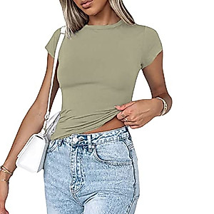 Basic Fitted Short Sleeve Tees for Women Solid Slimming Dupes Shirt Y2k Skinny Tops Summer Going Out Workout Clothing (Light Green Tight, S)