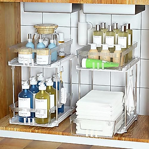 2 Tier Under Sink Organizers with Dividers and Lids, Snack Organizer for Pantry, Kitchen, Vanity, Medicine Drawer Storage (Adjustable)