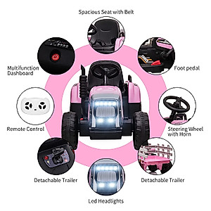 Nasitip 12V Kids Battery Powered Electric Tractor with Trailer, Toddler Ride On Car w/Remote Control/ 7-LED Headlights/ 2+1 Gear Shift/ MP3 Player/USB Port for Kids 3-6 Years (Pink, 25W/ Tread Tire)