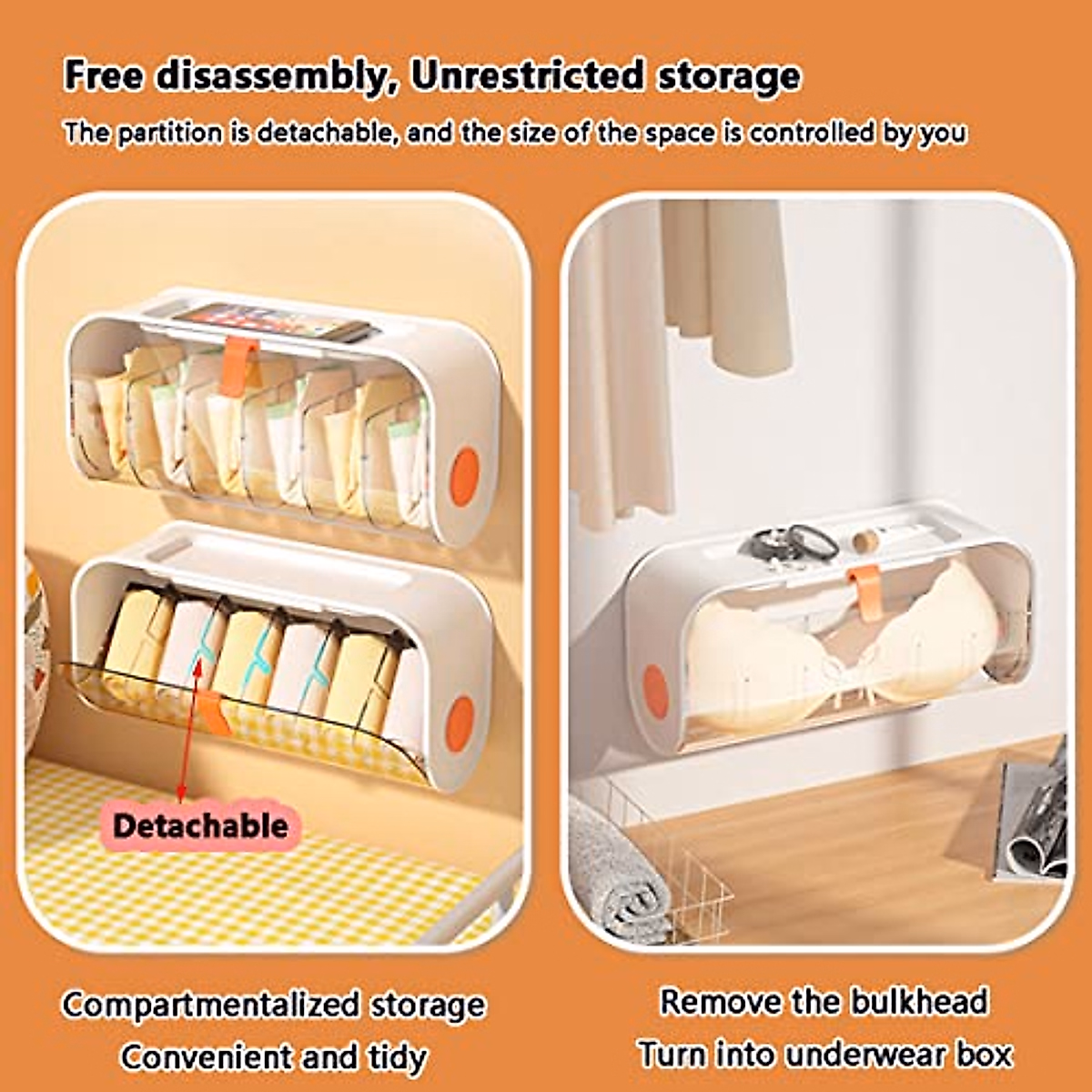ACGrade Underwear Organizer, Wall-Mounted Sock Organizer, Transparent Plastic Bra Organizer, Underwear Organiser for Wardrobe, Adjustable Compartment Underwear Storage Box, 12.99'' x 6.1'' x 4.72''