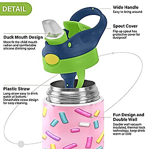 Kigai Pink Donut Glaze Kids Water Bottle, BPA-Free Vacuum Insulated Stainless Steel Water Bottle with Straw Lid Double Walled Leakproof Flask for Girls Boys Toddlers, 12Oz