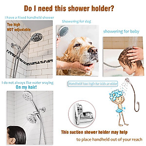 Wall Mount Handheld Shower Head Holder - 5 Positions Adjustable + 90° downwards - Large Shower Sprayer Fits - Suction Assisted Adhesive - Wide Slot - No Drill Installation - All Chrome Finish
