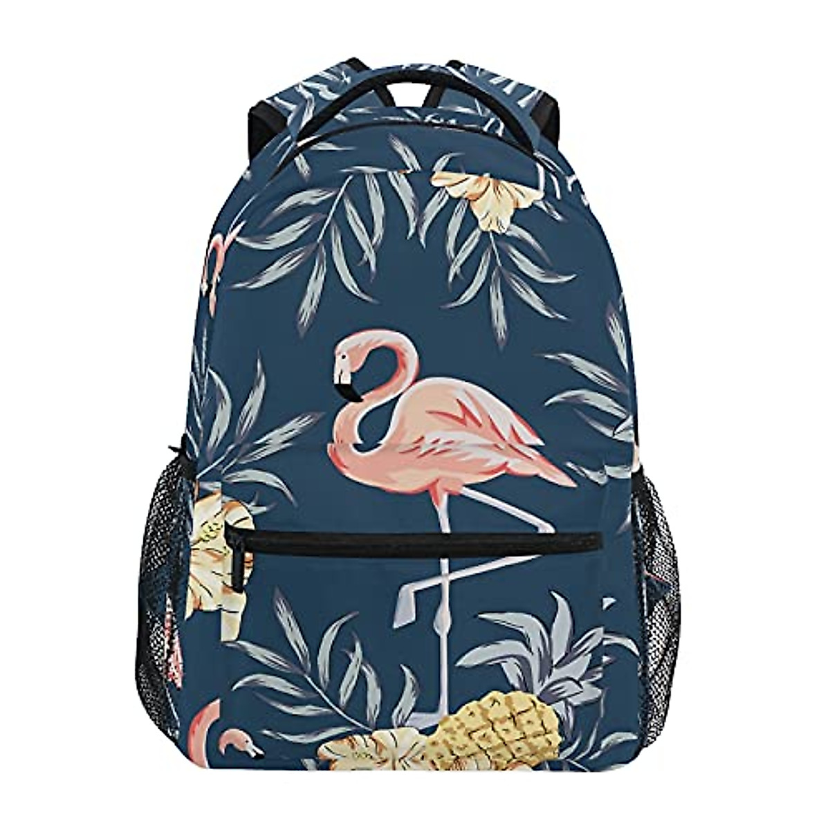 ALAZA Tropical Pink Flamingo Birds Hibiscus Flowers Pineapples Palm Leaves Navy Junior High School Bookbag Daypack Laptop Outdoor Backpack