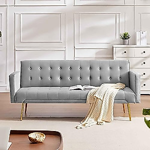 RIDFY 70” Modern Velvet Futon Sofa Bed, Convertible Sleeper Couch with Metal Legs/Armrests, Folding Upholstered Loveseat, Memory Foam Living Seat, Recliner Sofa for Home/Office (Grey)