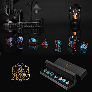 SVIZO Polyhedral Resin DND Dice Set, Handcrafted Polished Sharp Edge Tabletop D&D RPG Games Dice with Inclusions and Holder Case Dungeons and Dragons 7PCS (Red Blue)