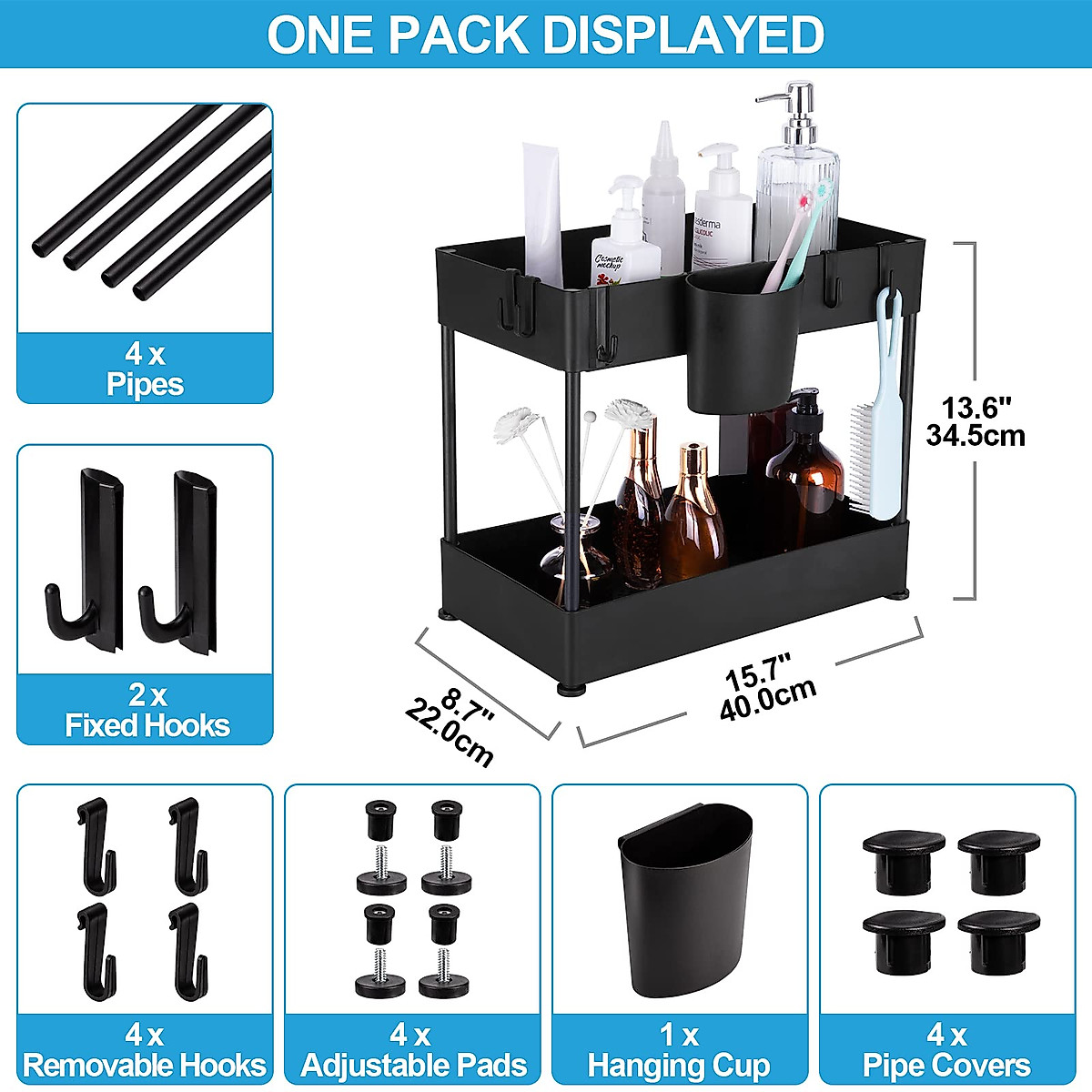 Spurtar 2 Pack Under Sink Organizers and Storage, 2 Tier Bathroom Under Cabinet Storage Multi-purpose Under Sink Storage Rack Bath Collection Baskets for Kitchen with 2 Cups and 12 Hooks, Black