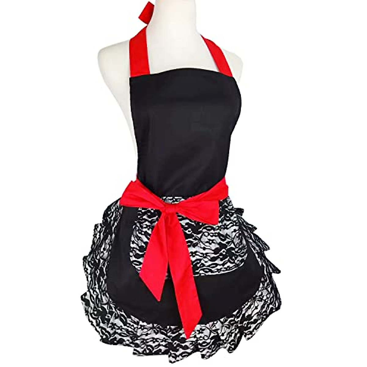 Floosum Black Lace Flirty Apron with Pocket, Fun Retro Sexy Cooking Pinup Aprons for Women Girls