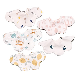 Baby Moon Soft Bibs Set of 5 for Baby Boy Girl 360 Rotate Petal Absorbent Bibs Washable for Drooling Teething (Set 2: Tiger, Kite, Paws, Bunny, Citrus)