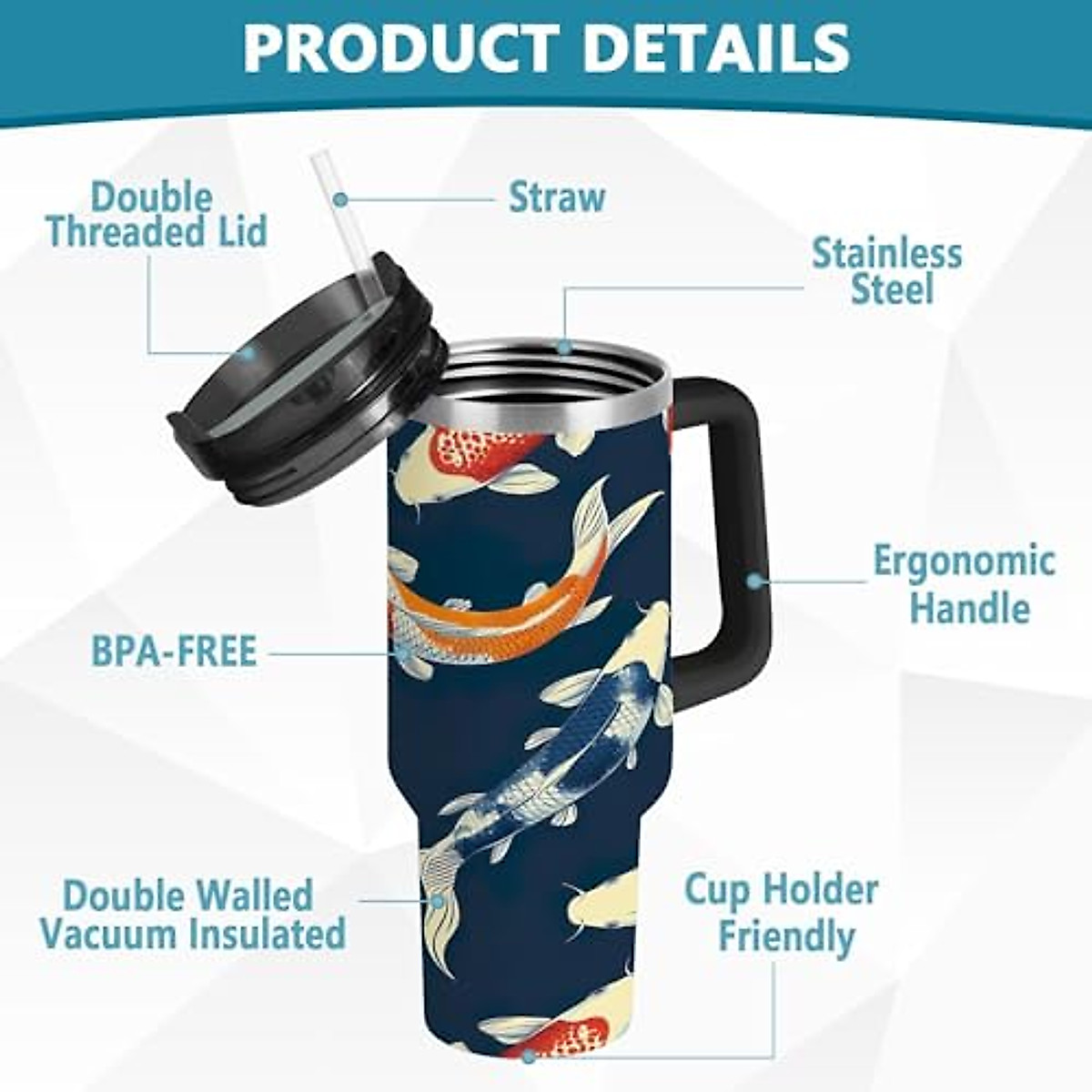 FRCSDIY Beautiful Goldfish Insulated Tumbler with Handle and Straw Lid,40oz Leakproof Stainless Steel Cup BPA-Free Water Bottle