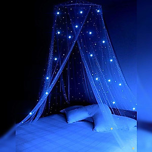 STZ Bed Canopy for Princess Girls Room Decorations with Fluorescent Stars Glow in Dark -Reading Nook for Kids-Canopy Bed Curtains-Hanging Tent-White