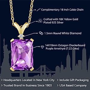 Gem Stone King 7.22 Cttw Purple Amethyst and White Diamond Pendant Necklace For Women In 18K Yellow Gold Plated Silver | Emerald Cut 14X10MM | Gemstone Birthstone | With 18 Inch Chain