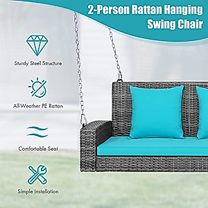RELAX4LIFE 2-Person Porch Swing Bench - PE Rattan Outdoor Swing Chair with Comfortable Seat & Back Cushions, Rustproof Metal Chains, Patio Loveseat Swing for Balcony, Garden, Yard, 800 LBS (Turquoise)