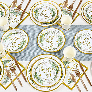 Sage Green Baby Shower Decorations, Oh Baby Theme Neutral Party Tableware Set ; 9" Plates, 7" Plates, Napkins, Cups and Utensils- Floral Gender Reveal Party Supplies for boys & girls -Serve 24