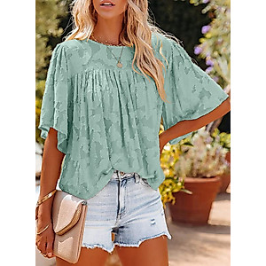 Dokotoo Women Lace Patchwork Green Tops Crewneck Bell Sleeve Babydoll Blouses for Women Fashion 2023 Dressy Casual Green Plus Size Tops Loose Flowy Workout Summer Shirts XX-Large