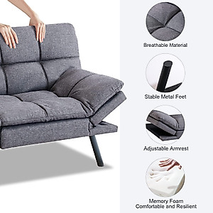 Maxspeed Futon Sofa Bed, Modern Convertible Sleeper Sofa Bed with Adjustable Armrests for Studio, Apartment, Office, Compact Living, Grey
