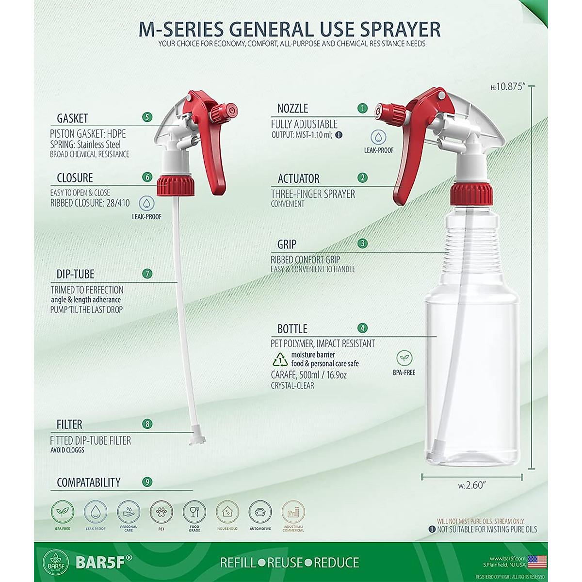 Bar5F Empty Plastic Spray Bottles 16 oz, BPA-Free Food Grade, Crystal Clear PETE1, Red/White M-Series Fully Adjustable Sprayer (Pack of 2)