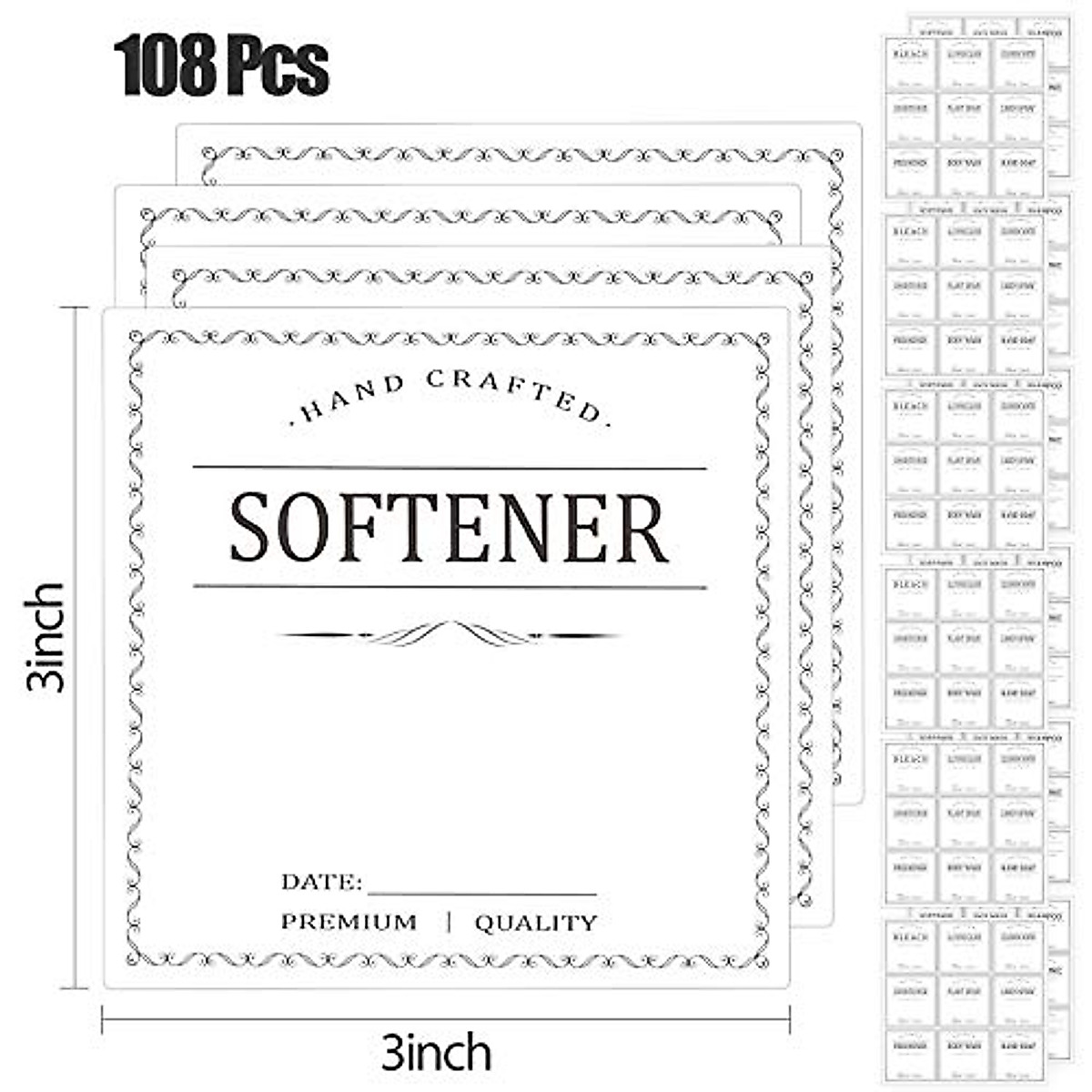 108 Pieces Waterproof Laundry Bottle Labels White Removable 18 Kinds Hand Dish Soap Lotion Conditioner Dispenser Cleaning Stickers for Farmhouse Bathroom Kitchen (3 x 3 Inches)