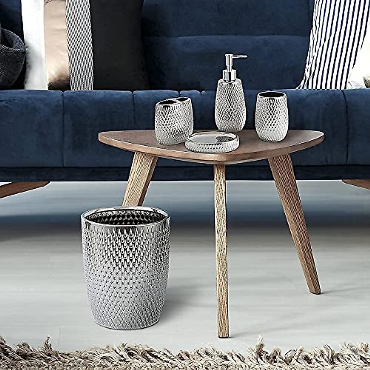 BASDHE Bathroom Accessories Set 5 Piece Bath Ensemble Includes Trash Can,Toothbrush Holder,Toothbrush Cup,Soap Dispenser,Soap Dish for Decorative Countertop and Housewarming Gift, Grey