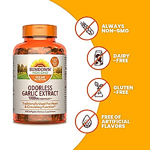 Sundown Odorless Garlic Supplement, 10 mg, Equivalent to 1000mg Garlic Bulb, 250 Softgels (Packaging May Vary)