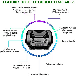 Technical Pro (QTY 3) Rechargeable LED Bluetooth Speaker with USB, SD card, FM Radio, Perfect Travel Comfortable Portable Speaker with Carry handle, 2 Dual 4" (10.2cm) Subwoofers