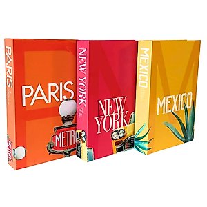 InspireMe Decorative Books for Home Decor, Faux Book Storage Box, Travel Table Books - Paris, New York, Mexico - Set of 3