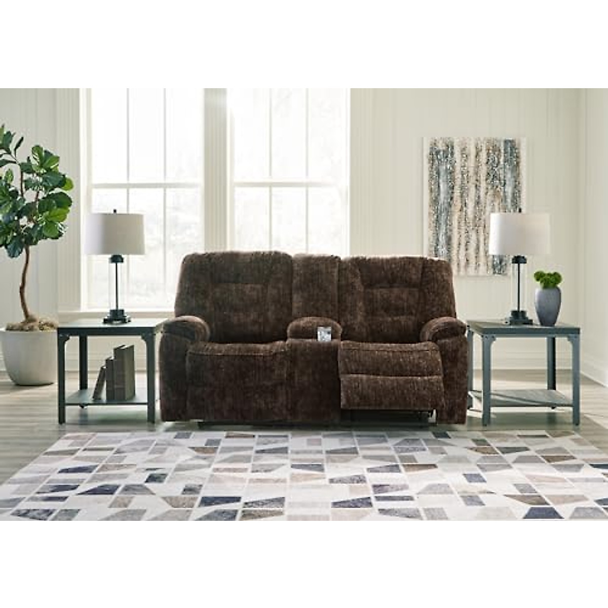Signature Design by Ashley Soundwave Contemporary Manual Reclining Loveseat with Console and Cup Holders, Dark Brown