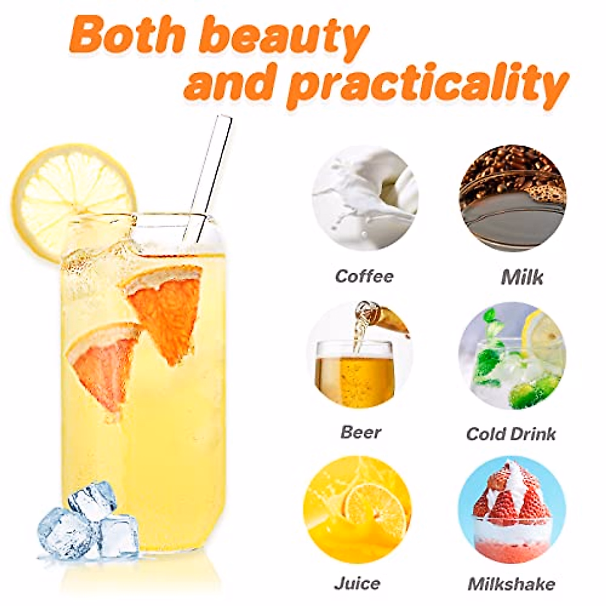 Drinking Glasses with Glass Straw and Bamboo Lids-4Pcs 16oz Can Shaped Glass Cups,2 Cleaning Brushes,Beer Glasses,Ideal for Whiskey,Cute Tumbler Cup,Iced Coffee Glasses,Cocktail,Soda, Tea,Gift