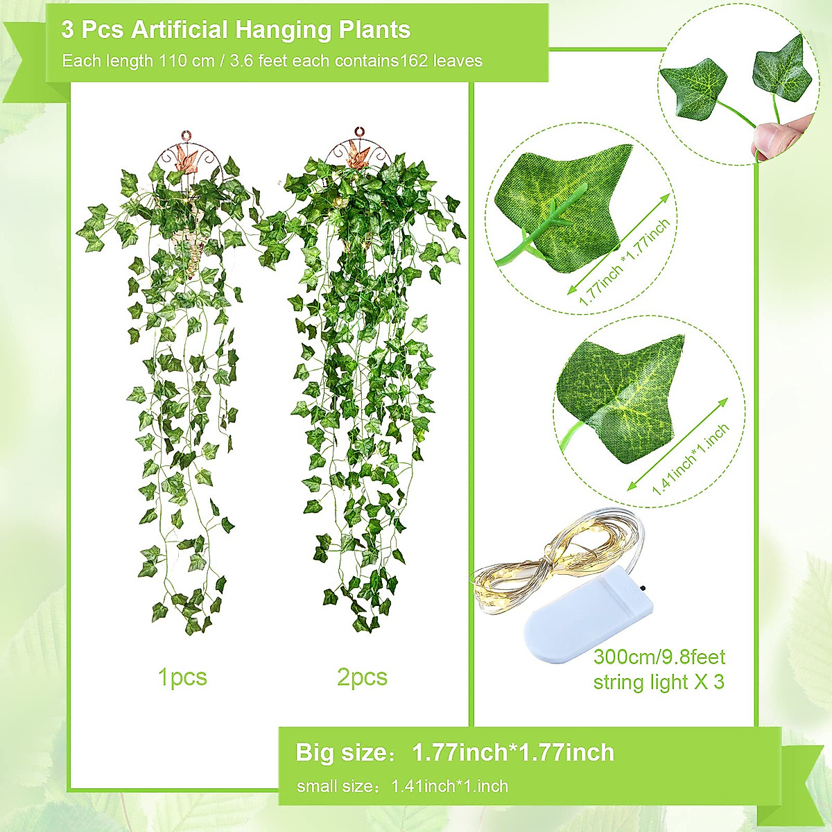 Mudder Fake Ivy Vines with Lights, LED Artificial Hanging Green Leaves Vines for Outdoors Patio Porch Decor (Basket Not Included) (Ivy Style, 3 Packs)