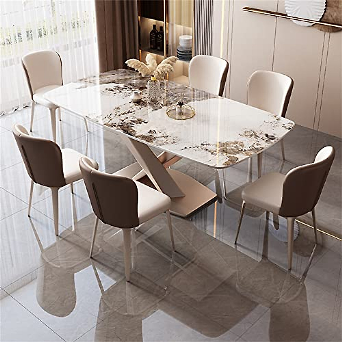LITFAD Modern Rectangle Dining Table Set 7 Pieces Home Furniture Dinette Table Set with Metal Base Kitchen Table Set Restaurant Table and Chairs Set of 6-7 Pieces: Table with 6 Chairs