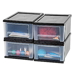 IRIS USA 7 Qt. Plastic Stackable Storage Drawers, Small, 4 Pack, Multi-Purpose Bins for Bedroom, Bathroom, Closet, Craft Room, Garage, Kids Room, Office, Pantry, Under Sink, Black