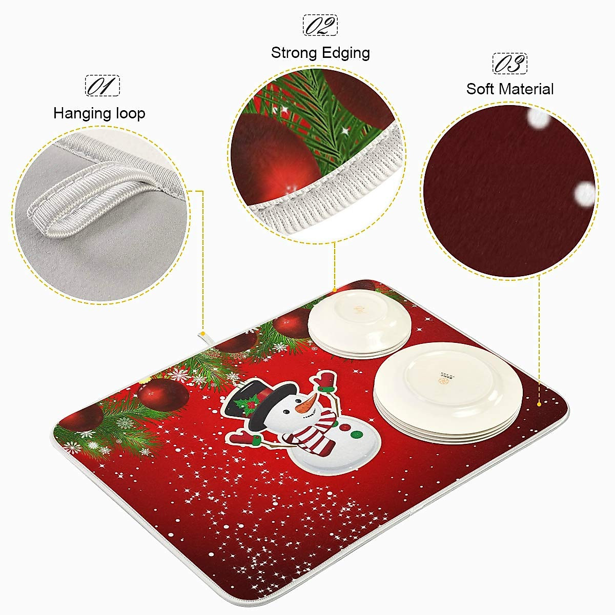 Christmas Dish Drying Mat, Red Christmas Snowman Dish Mat for Kitchen Countertops Sinks Drying Mat Absorbent Heat Resistant Dishes Drainer Pad 18 x 24 Inch