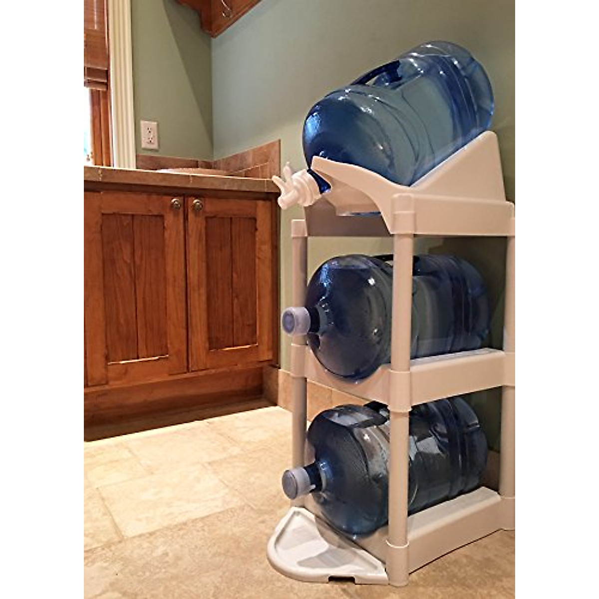Wisconic Bottle Buddy Cascada Pour & Store System Water System-3-Tier 5 Gallon Jug Storage Rack with Floor Protector & Dispenser Tray-Home & Office Organization-Durable Plastic, Easy To Assemble-Gray