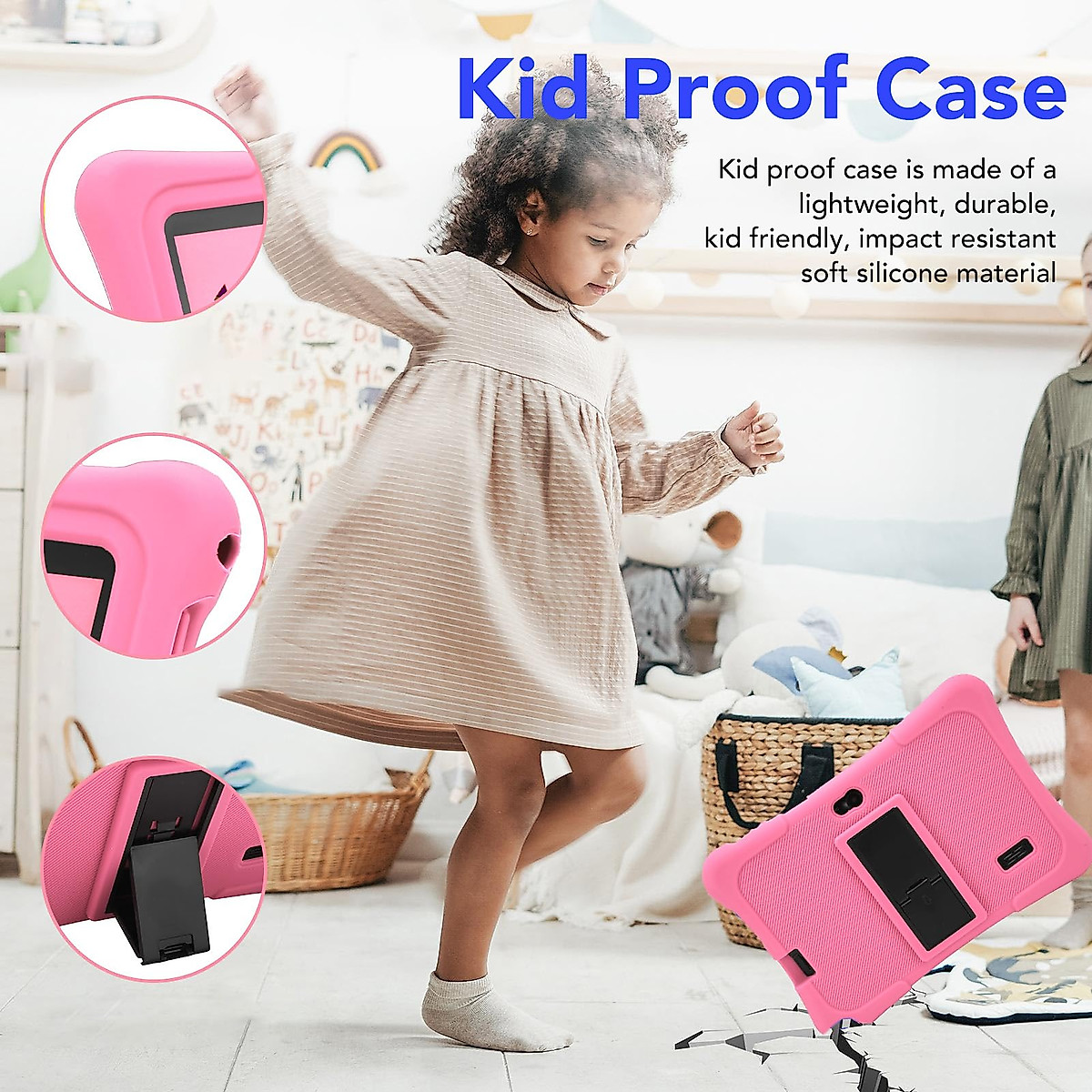 7inch Kids Tablet for Android 10.0, Children Tablet with 1GB RAM and 32 GB ROM, Support Bluetooth, WiFi, GMS, Parental Control, Dual Camera, Shockproof Kickstand Case (US Plug)