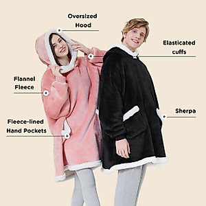 Bedsure Blanket Hoodie, Wearable Blanket for Adult & Kids as Gifts for Women Men, Birthday Gifts for Women Mom Sherpa Hoodie, Black, Oversize