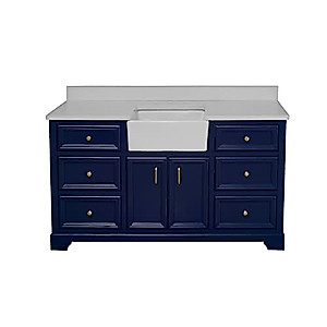 Kitchen Bath Collection Zelda 60-inch Single Farmhouse Vanity (Quartz/Royal Blue): Includes Royal Blue Cabinet with Stunning Quartz Countertop and White Ceramic Farmhouse Apron Sink